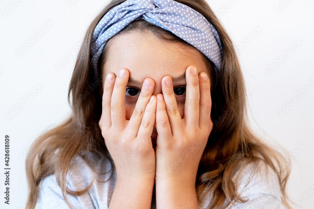 Scared child. Hide and seek game. Curiosity discovery. Frightened shy ...