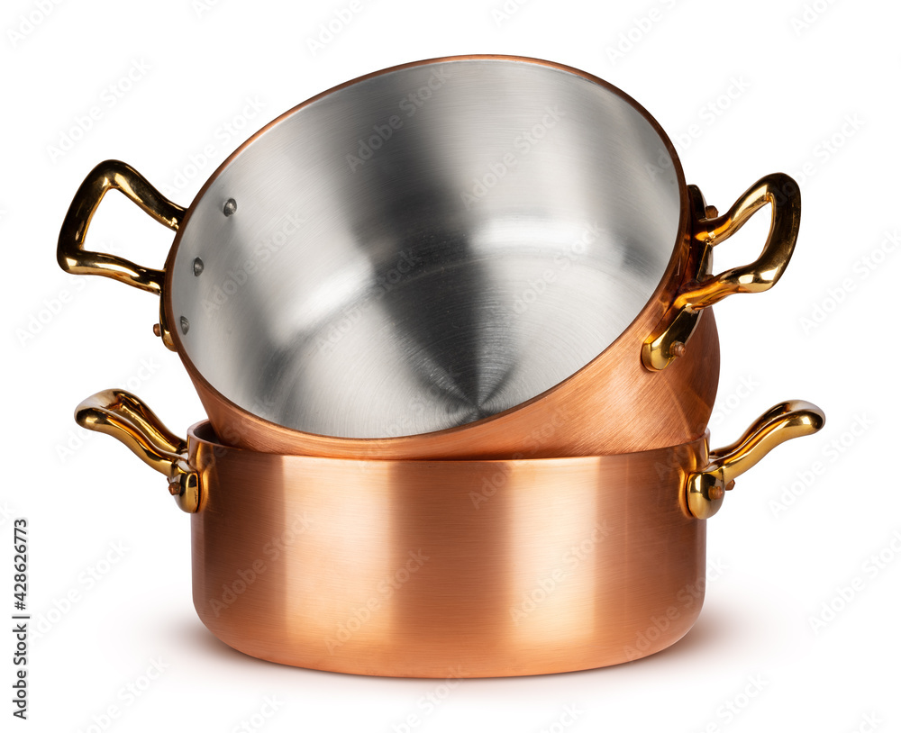 Copper cookware set isolated on white background Stock Photo | Adobe Stock