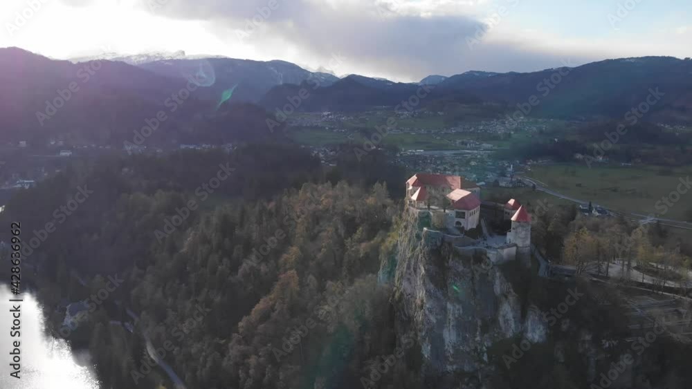 Lake Bled with castle, Slovenia, Europe. Castle on top of the huge rock ...