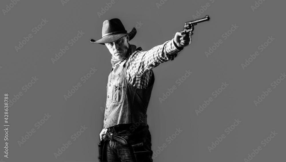Man wearing cowboy hat, gun. West, guns. Portrait of a cowboy. owboy ...