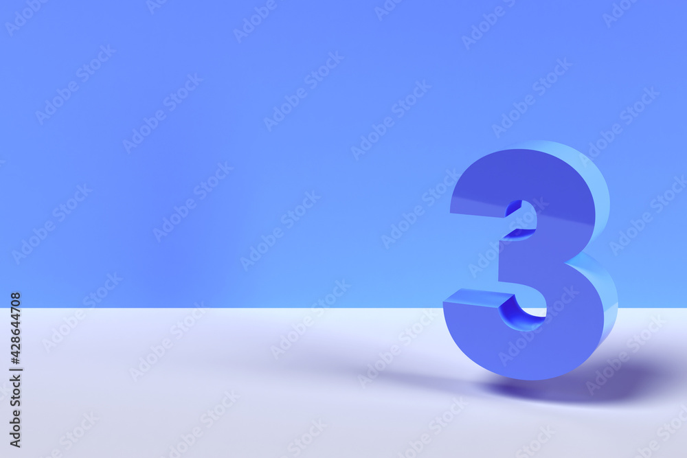3 - chiffre trois en 3D - scène minimaliste blanche et bleue avec ...
