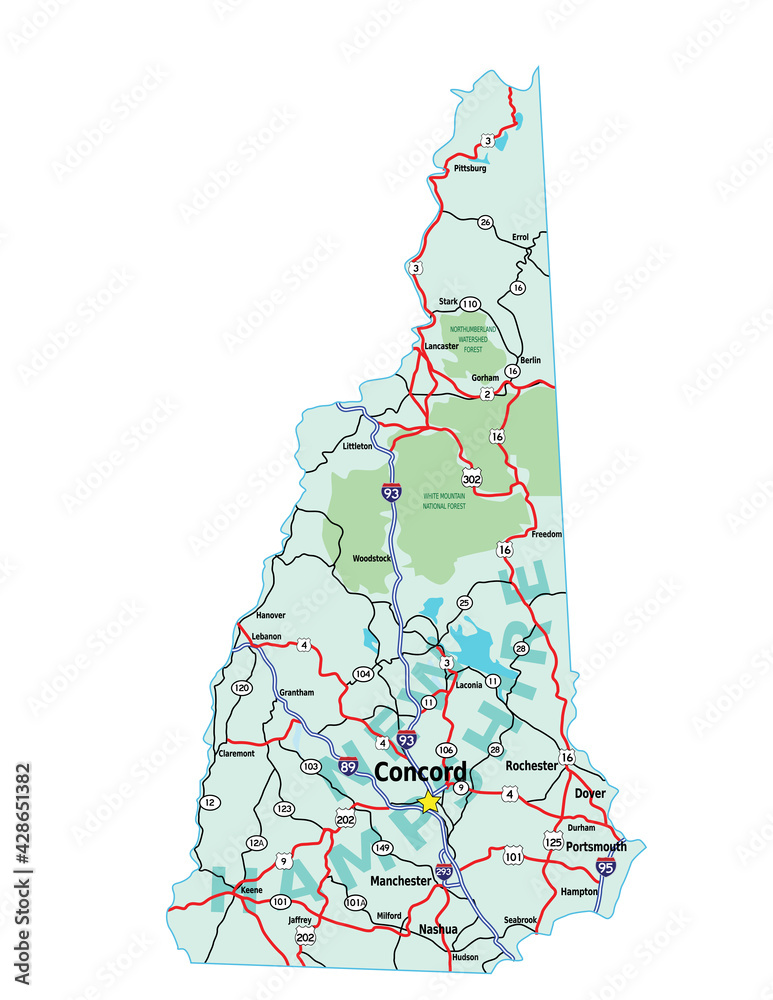 Vector map of the state of New Hampshire and its Interstate System ...