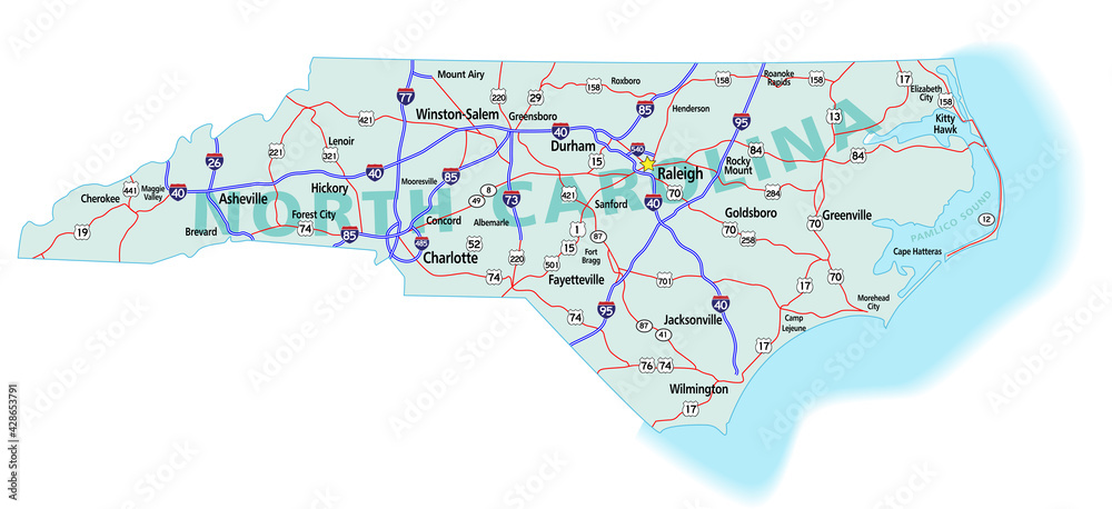 Vector map of the state of North Carolina and its Interstate System ...