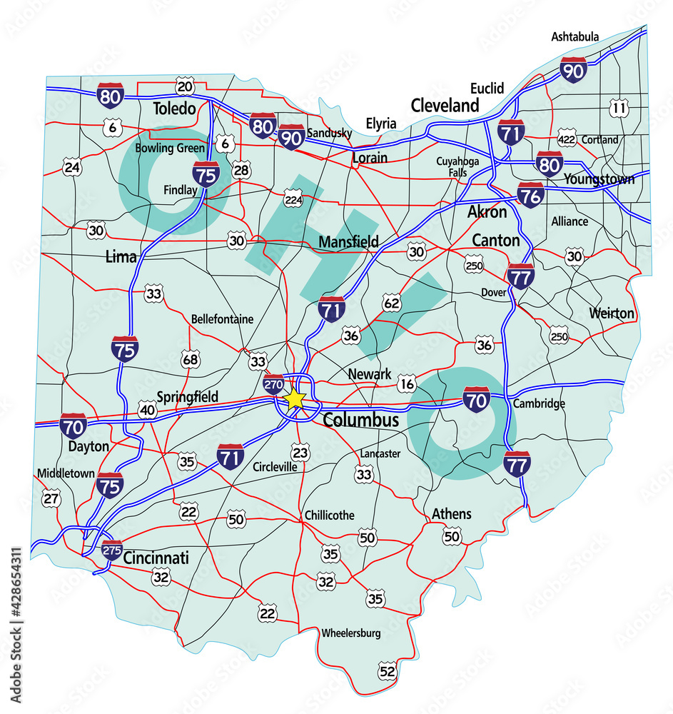 Vector map of the state of Ohio and its Interstate System. Stock Vector ...
