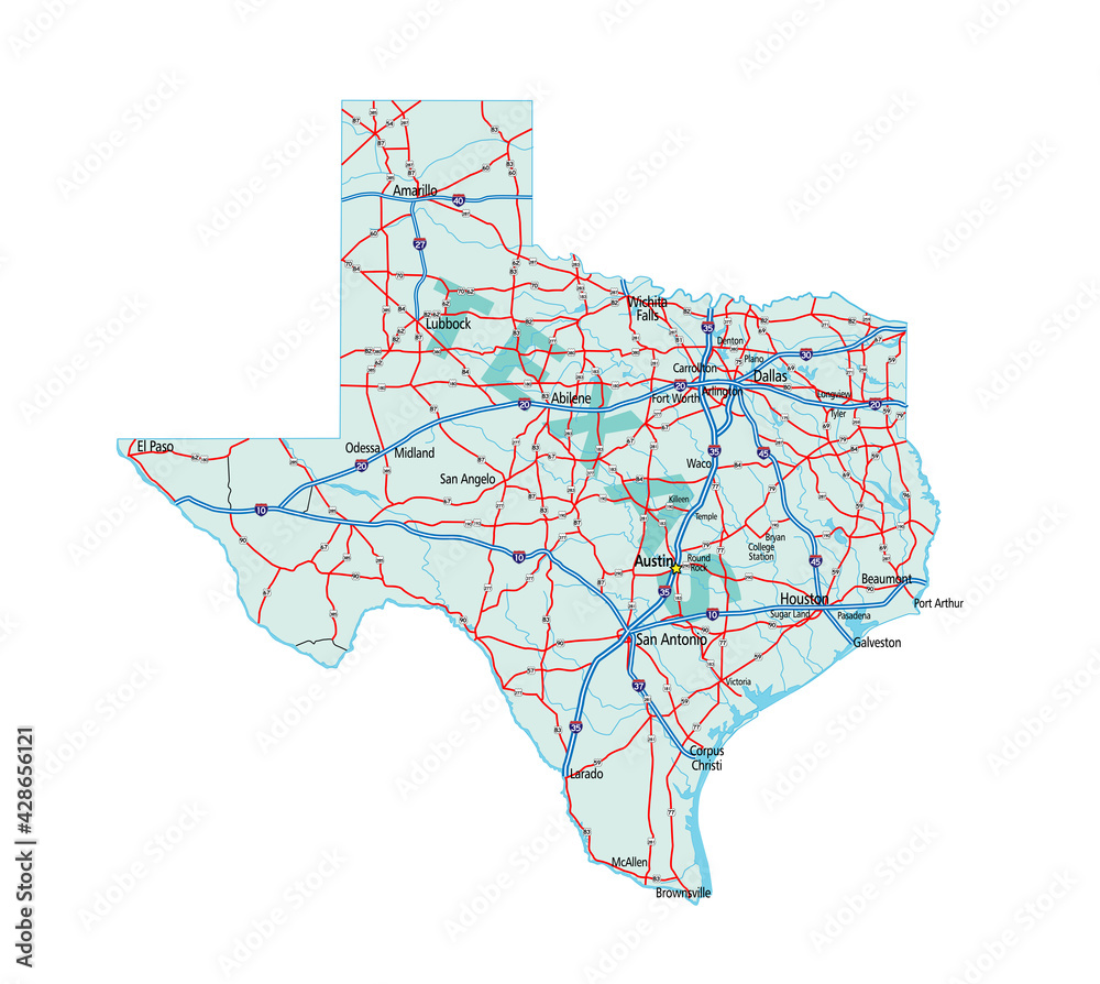 Vector map of the state of Texas and its Interstate System. Stock ...