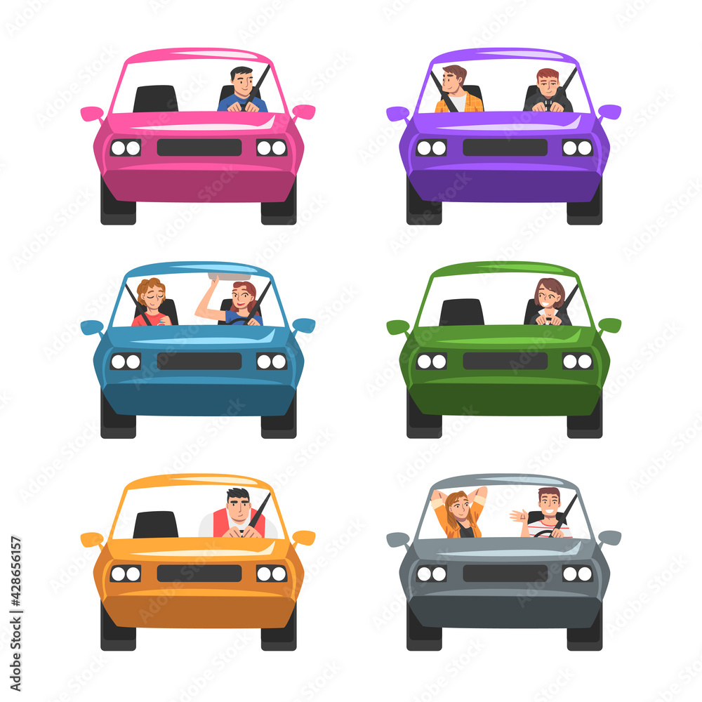 People Riding Cars Set, Front View of Drivers and Passengers Sitting in ...