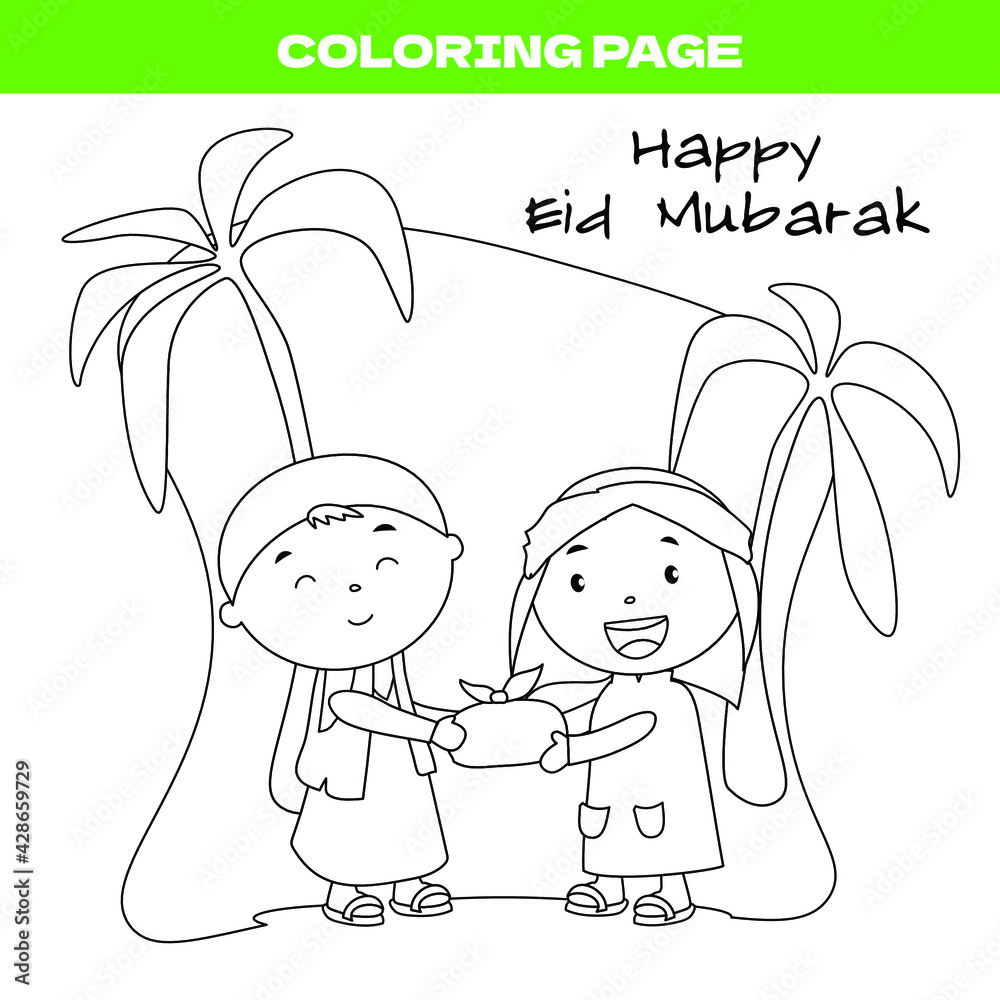 Coloring page of two Muslim boys giving gifts to each other during Eid ...