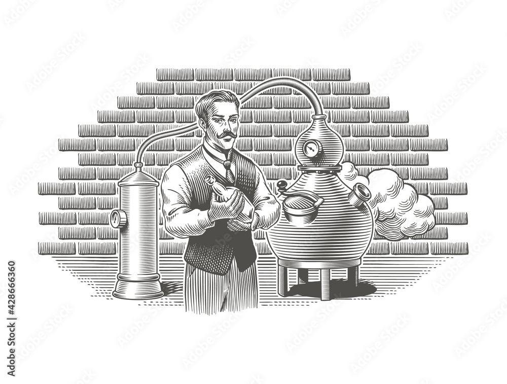 Distillery whiskey, gin, vodka or moonshine vintage engraving style ...