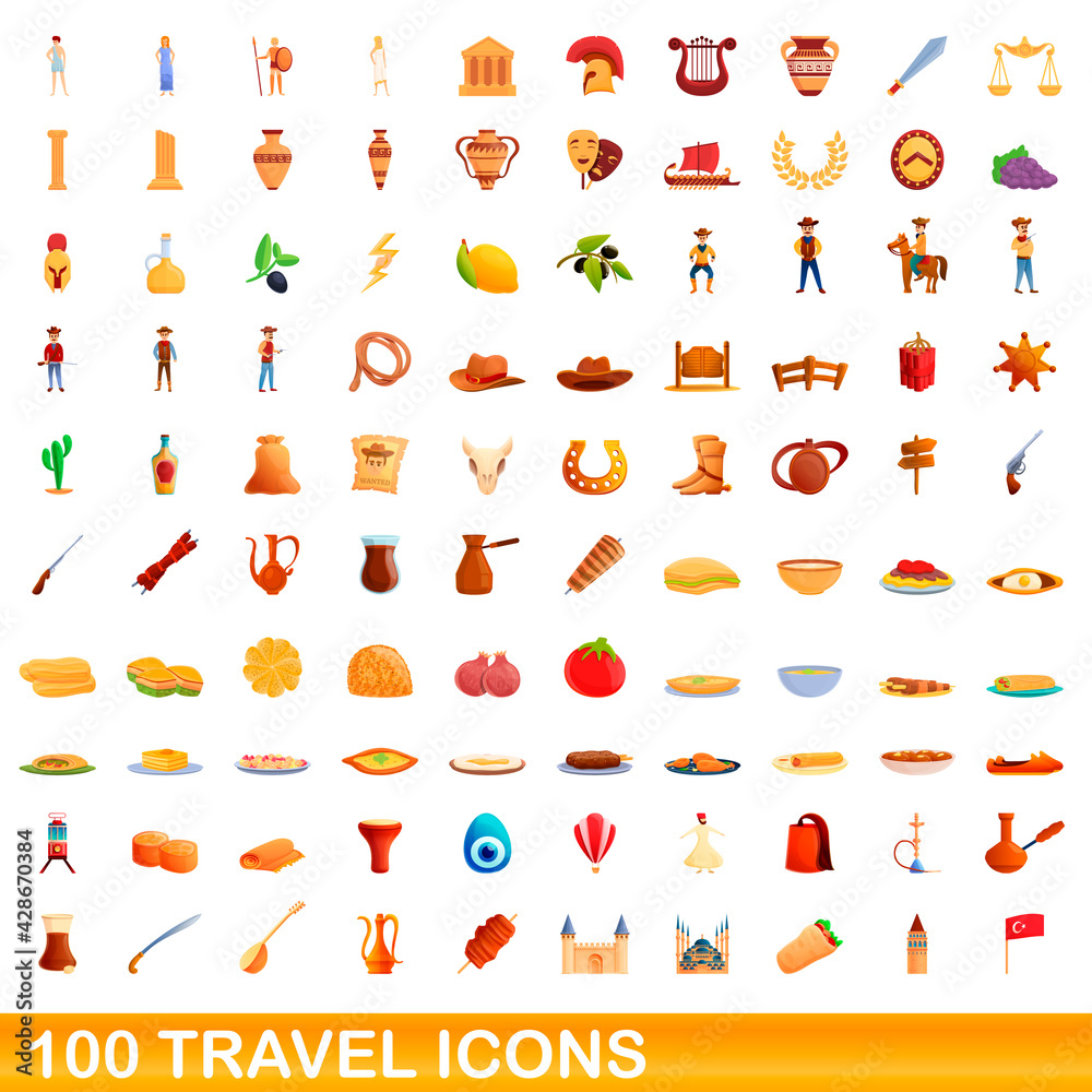 100 travel icons set. Cartoon illustration of 100 travel icons vector ...