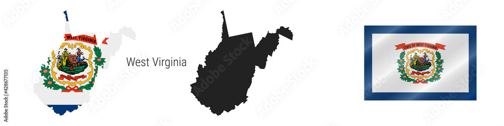 West Virginia US state detailed flag map. Detailed silhouette. Waving ...