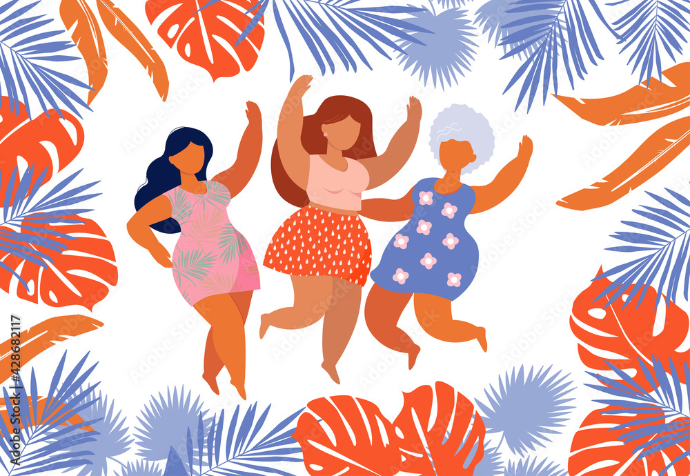 Happy fat women dance. A plus-size female with excess weight. Vector ...