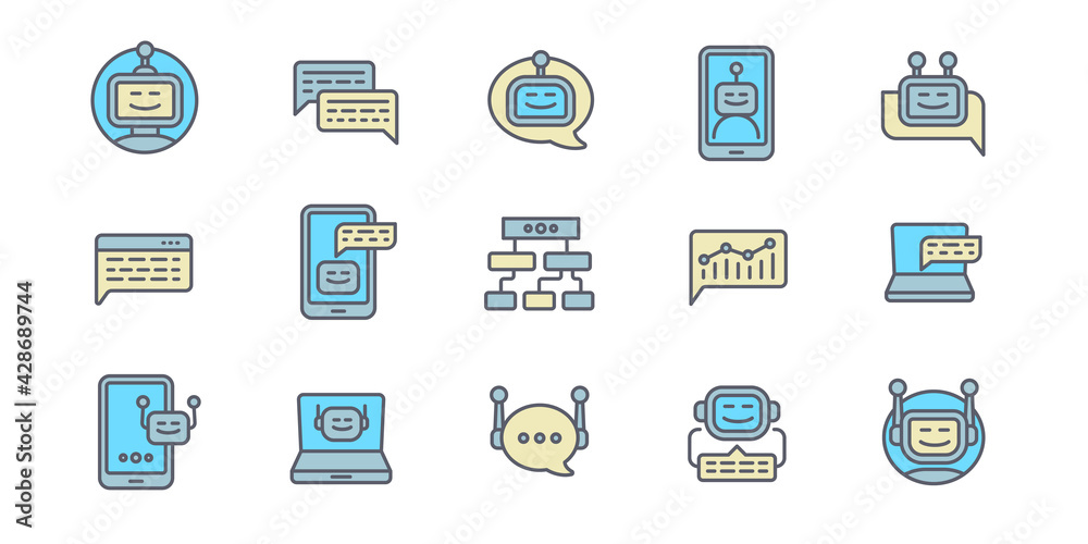 Chatbot icons set. Outline set of chatbot vector icons for web design ...