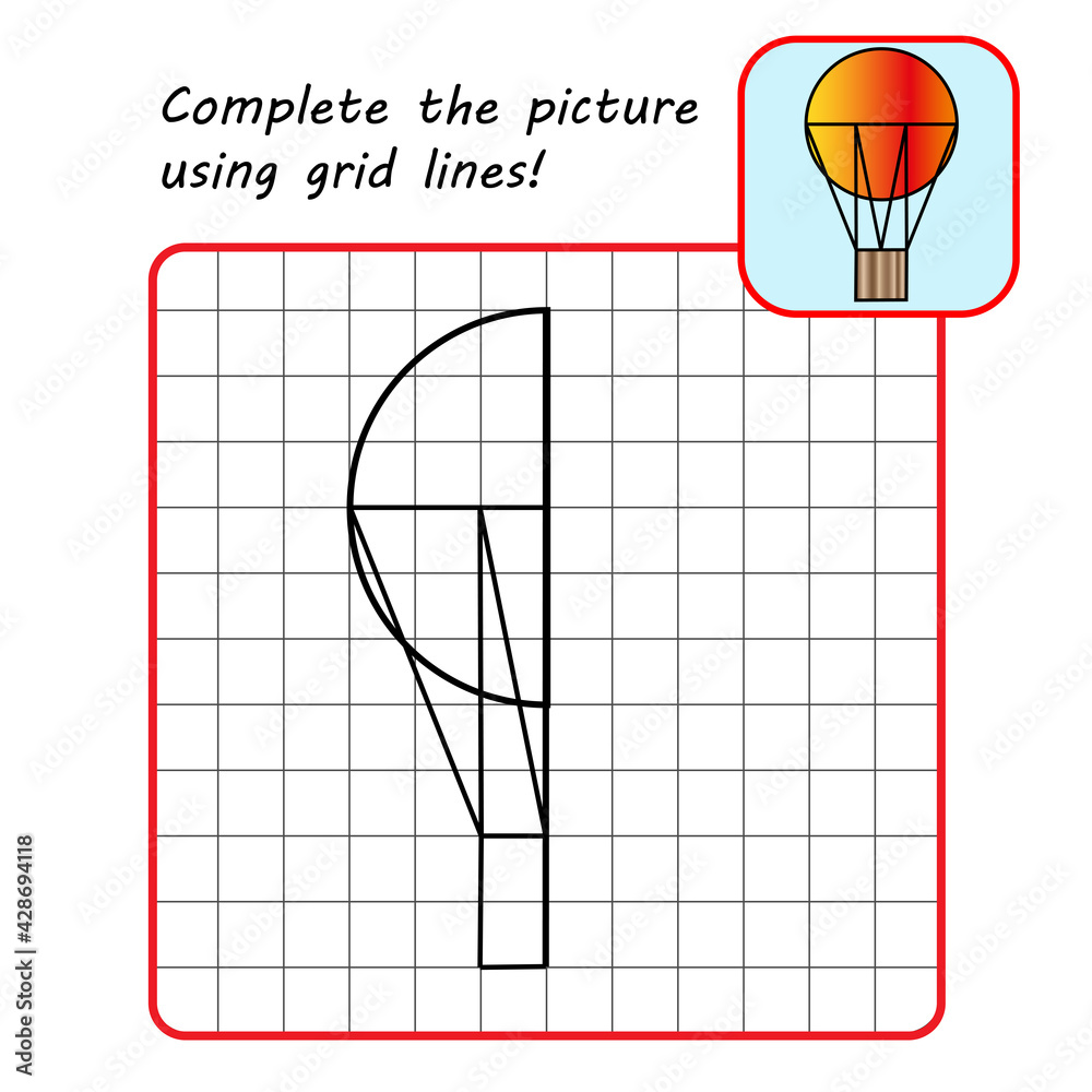 Educational game for kids. Simple exercise. Balloon. Drawing using grid ...