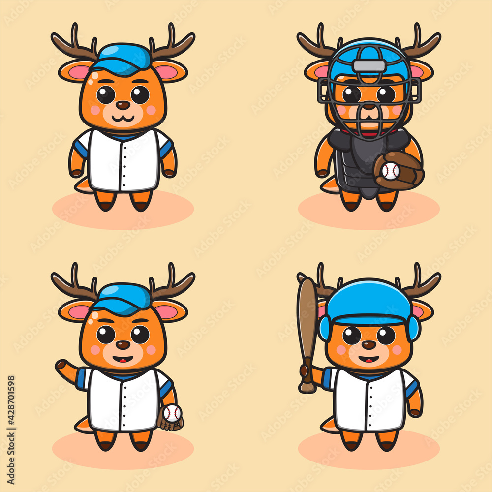 Vector illustration of cute Little Deer Baseball cartoon set. Cute ...