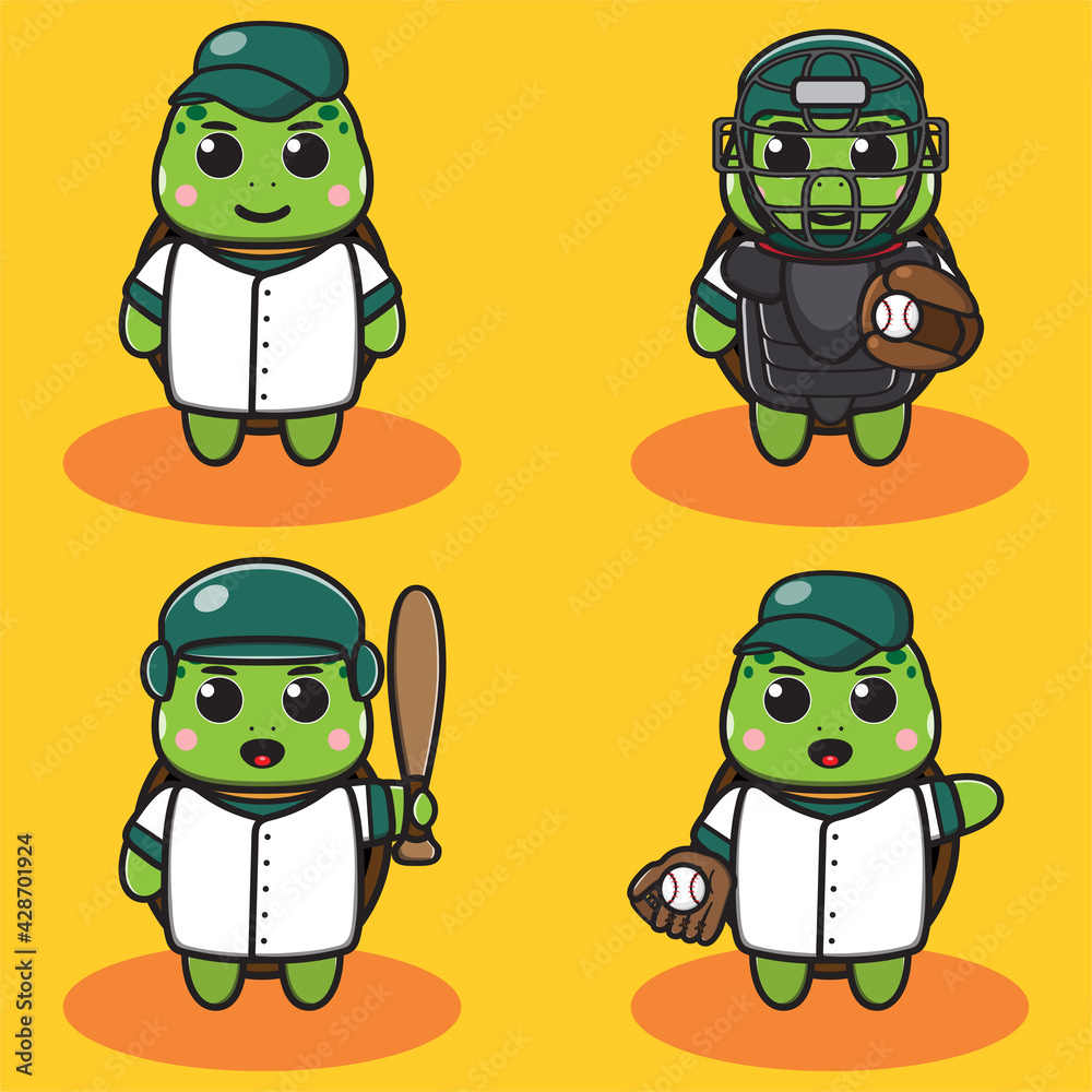 Vector illustration of cute Little Turtle Baseball cartoon set. Good ...
