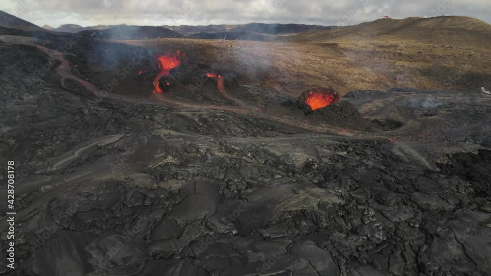 Aerial view Above lava eruption volcano, Mount Fagradalsfjall, Iceland ...