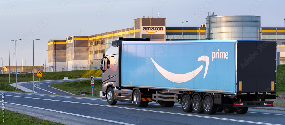 truck with a semi-trailer with the Amazon logo going to Amazon's ...