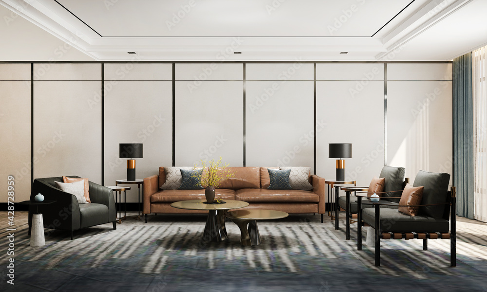 Modern interior mock up furniture and decoration of living room design and cozy pattern wall ...