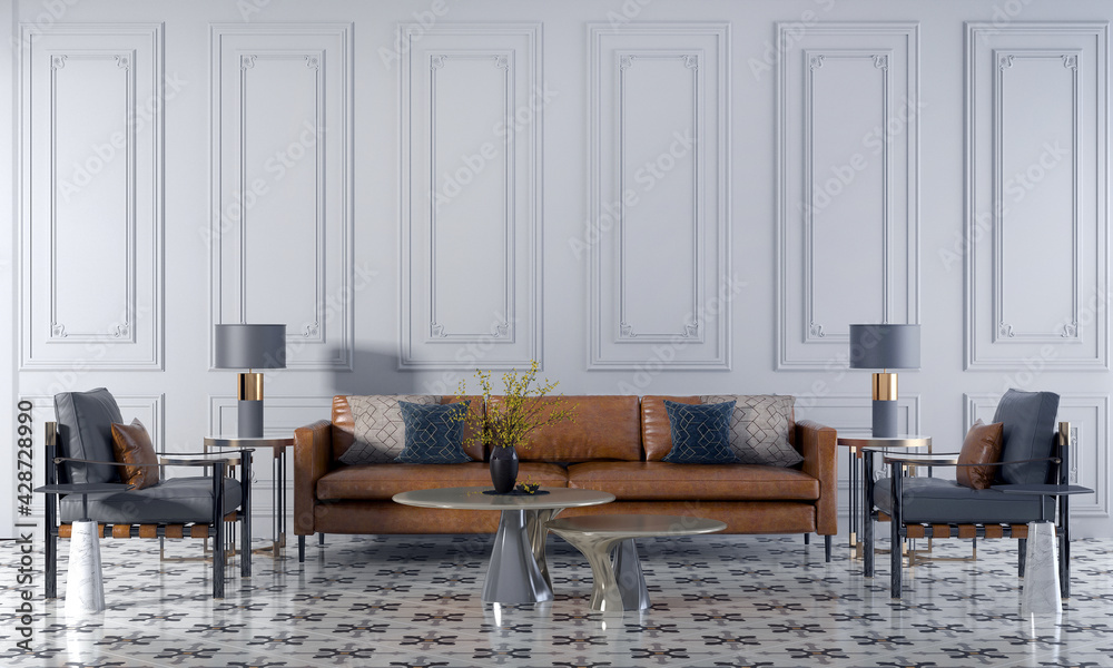 Modern interior mock up furniture and decoration of luxury living room design and white pattern ...