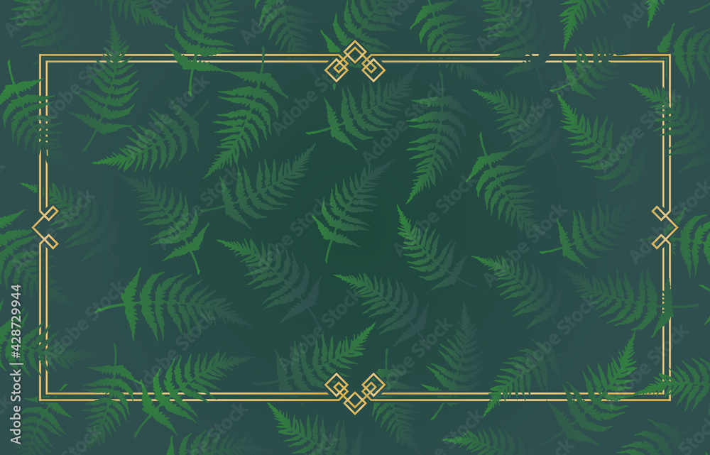 Frame and border rectangle golden lines with floral fern patterns ...