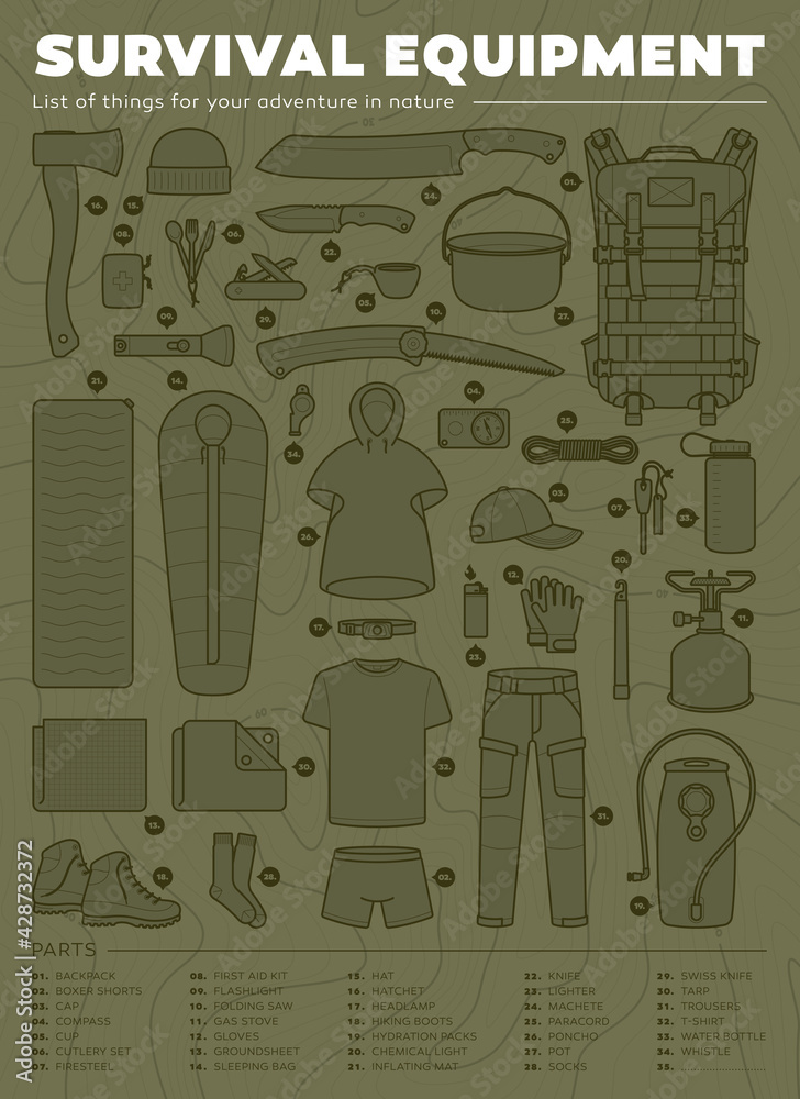Vector list with icons of Survival equipment. Isolated on green ...