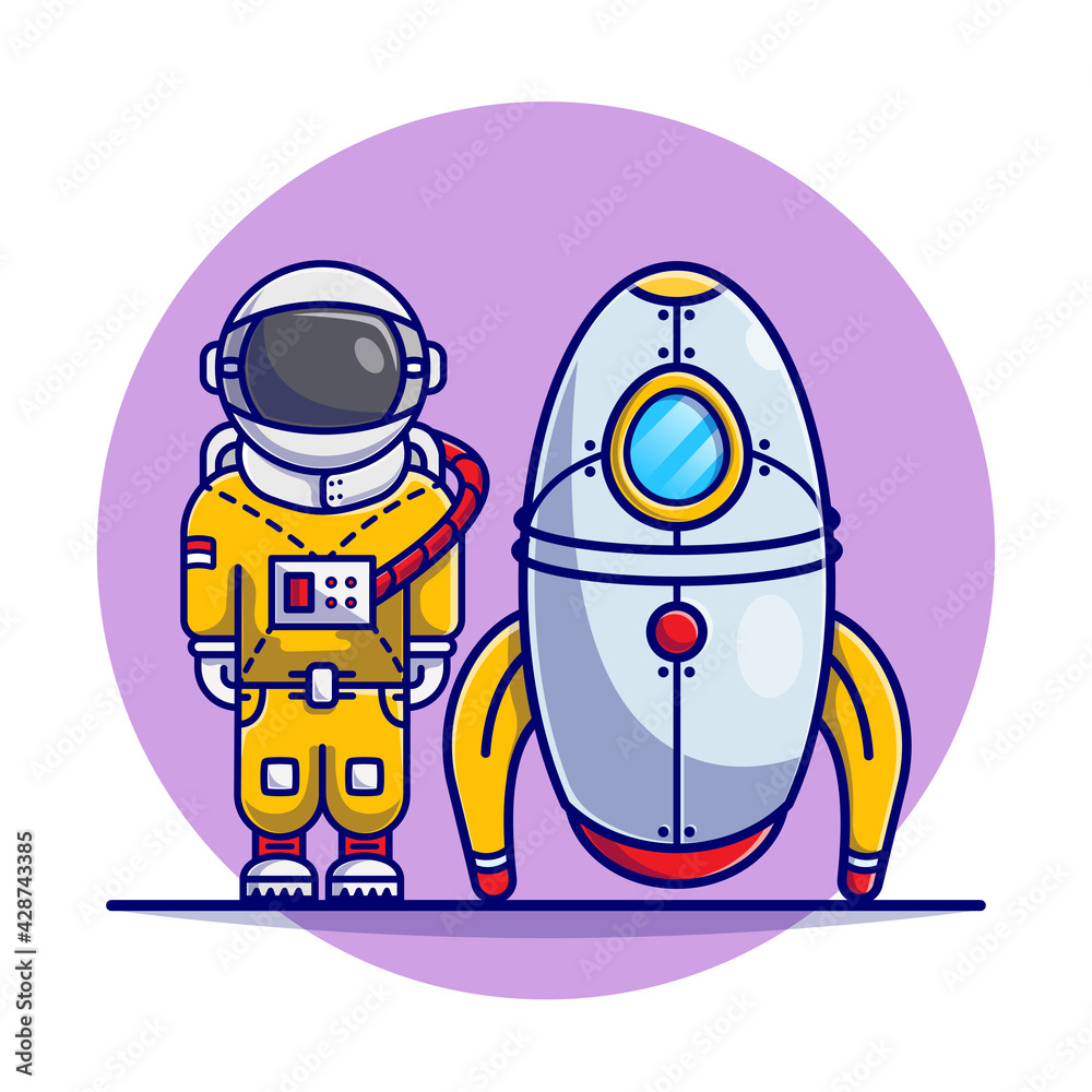 Cute Astronaut standing with Rocket cartoon illustration. Astronaut and ...