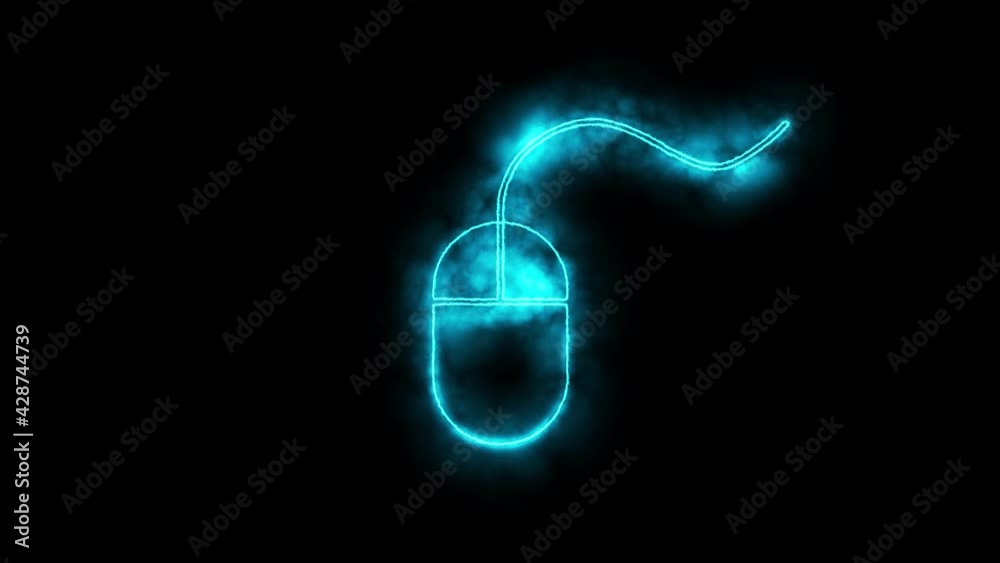 Linear neon animation of blue computer mouse with dynamic smoke on ...