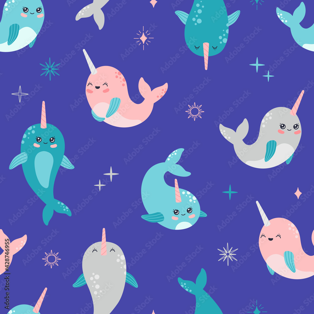 Kawaii smiling narwhal seamless pattern, cute baby whale. Marine life ...