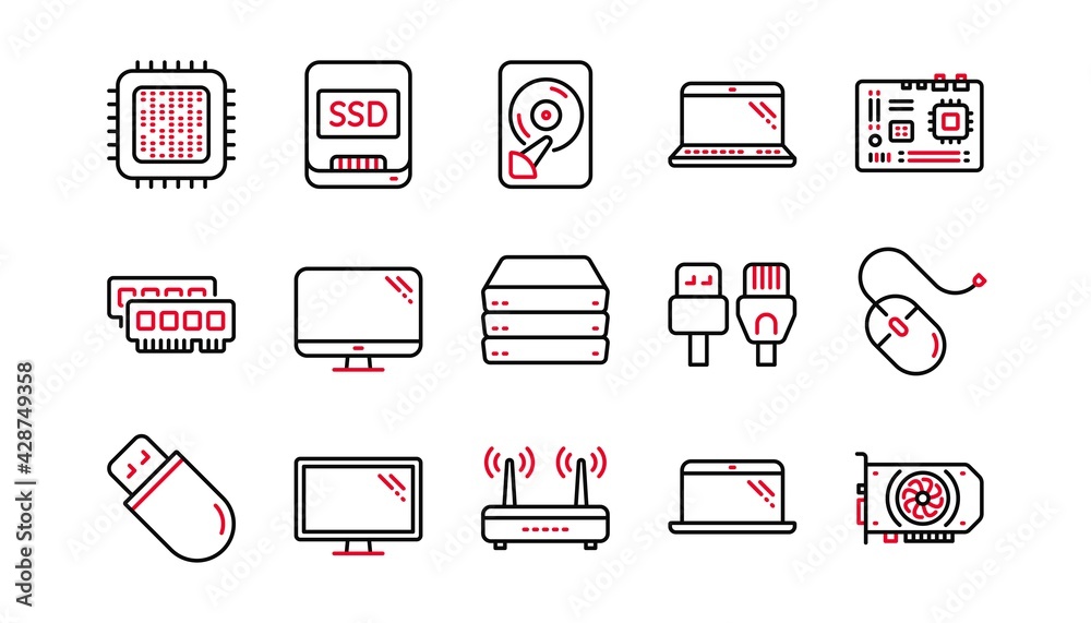 Computer device line icons. Motherboard, CPU and Laptop. SSD memory ...