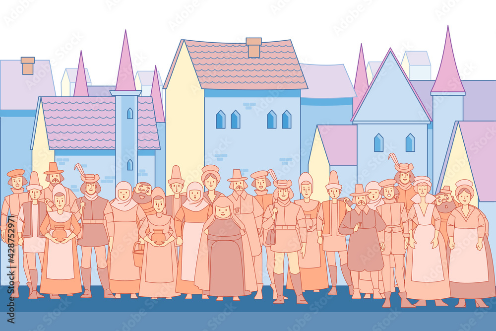 Fabulous background with medieval crowd people and medieval city. Old ...