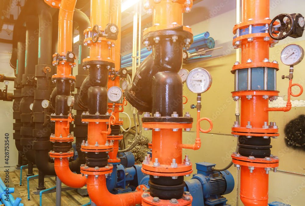 pressure gauge psi meter in pipe and valves of fire emergency system ...