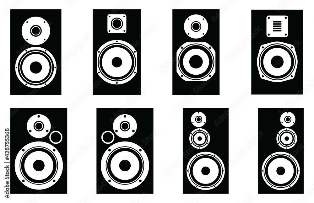 Various types of speakers icons. Audio equipment. Silhouette vector ...