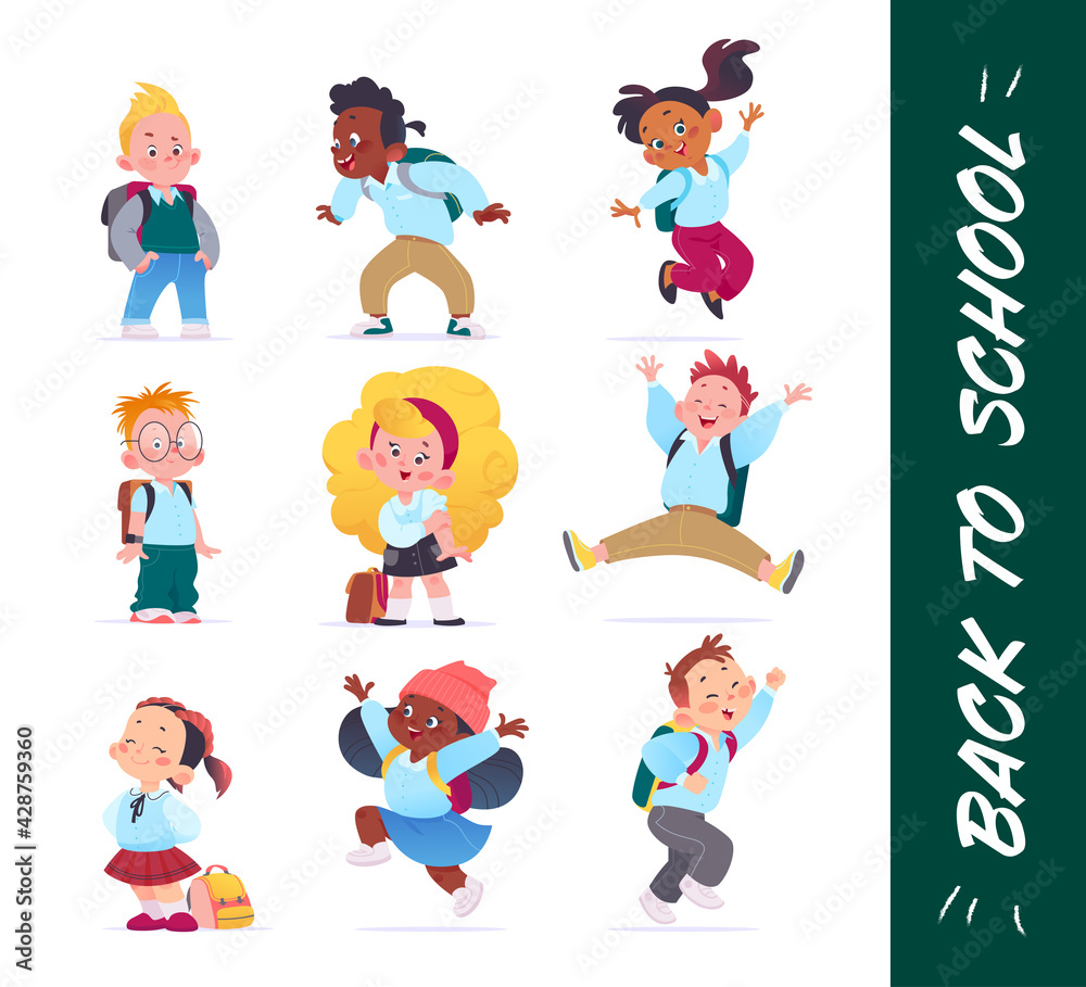 Happy school kids characters set in uniform with school bags isolated ...