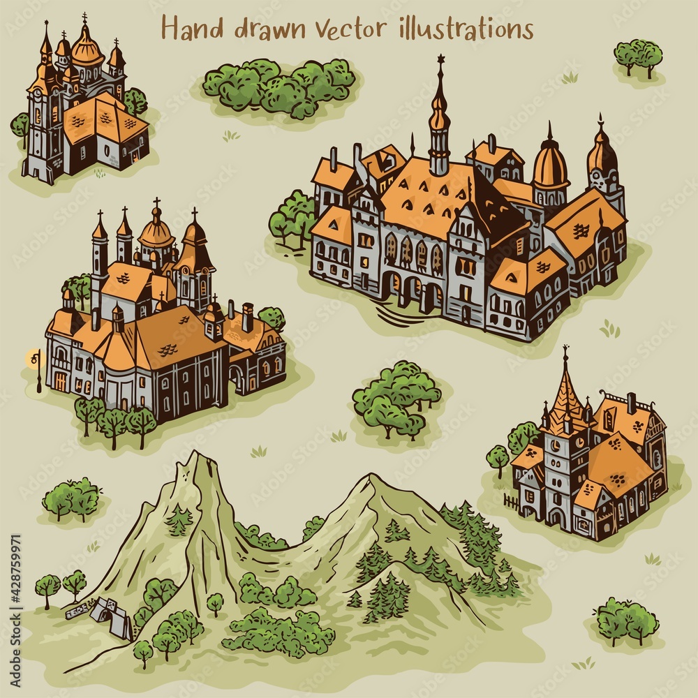 Hand drawn art settlements for cartography map work with colorful ...
