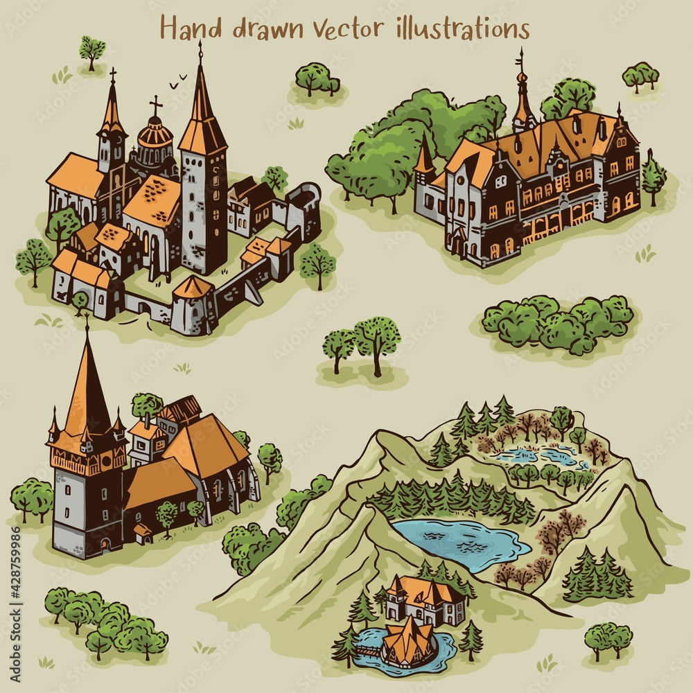 Hand drawn art settlements for cartography map work with colorful ...