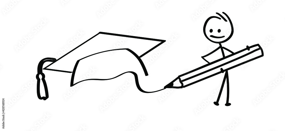 Cartoon stick figures draws a hat. Graduate cap. Pencil line pattern ...
