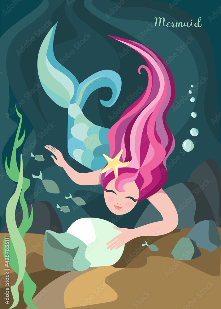 Cute little mermaid with pink hair on colorful sea background. Template ...