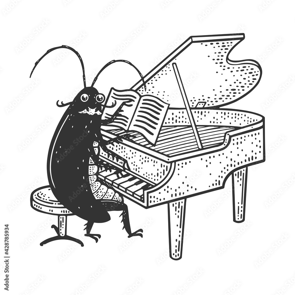 Cartoon cockroach orchestra playing grand piano sketch engraving vector ...