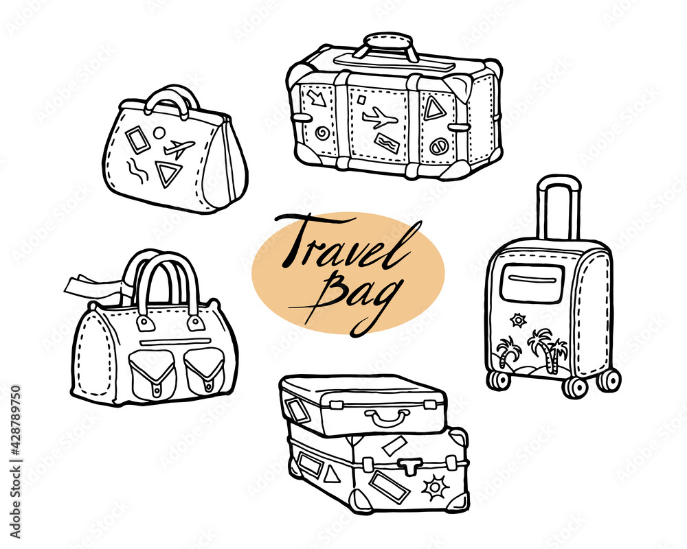 Set of hand drawn outline cartoon illustration of travel luggage ...