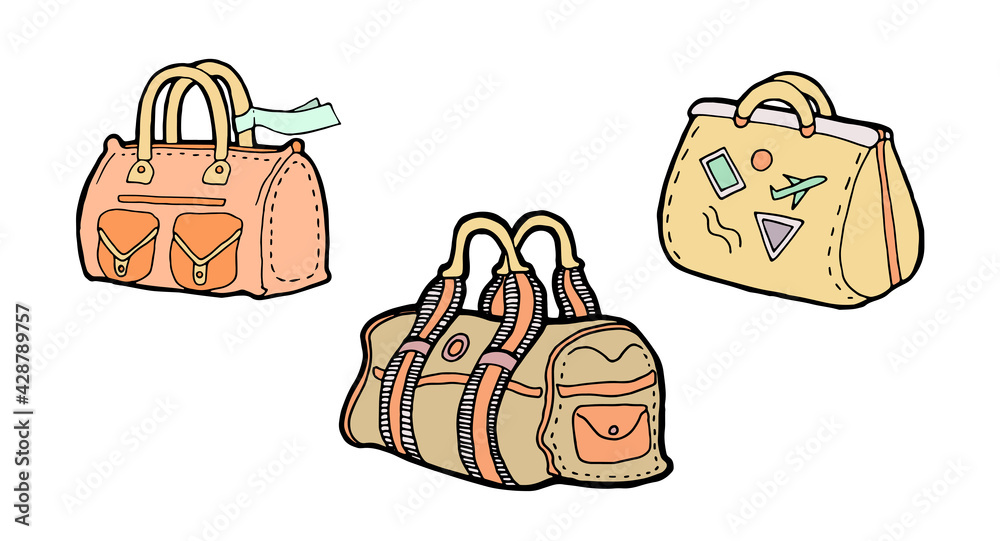 cartoon sketch set Bags illustration Hand drawn colored vector Vector ...