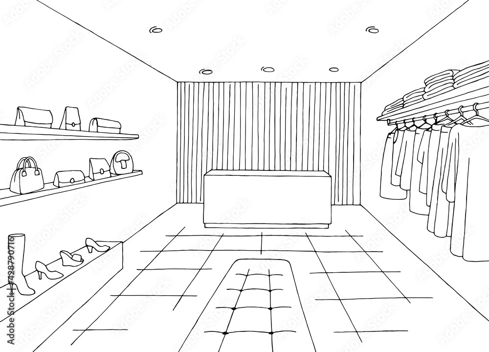 Shop interior store graphic black white sketch illustration vector ...