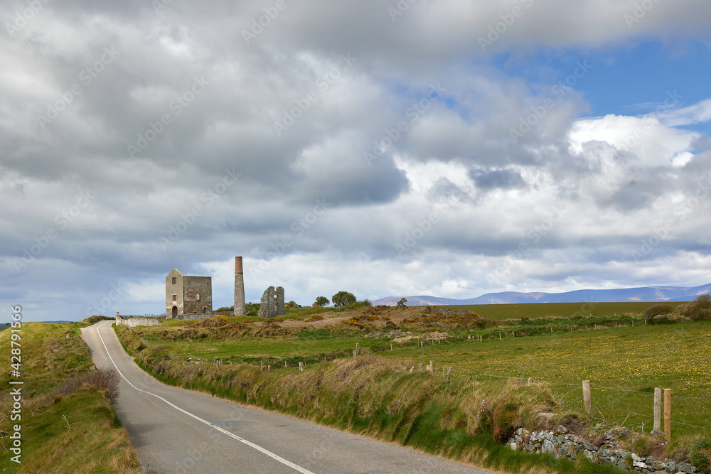 Irish long-road landscape with mine in the background. Tankardstown ...