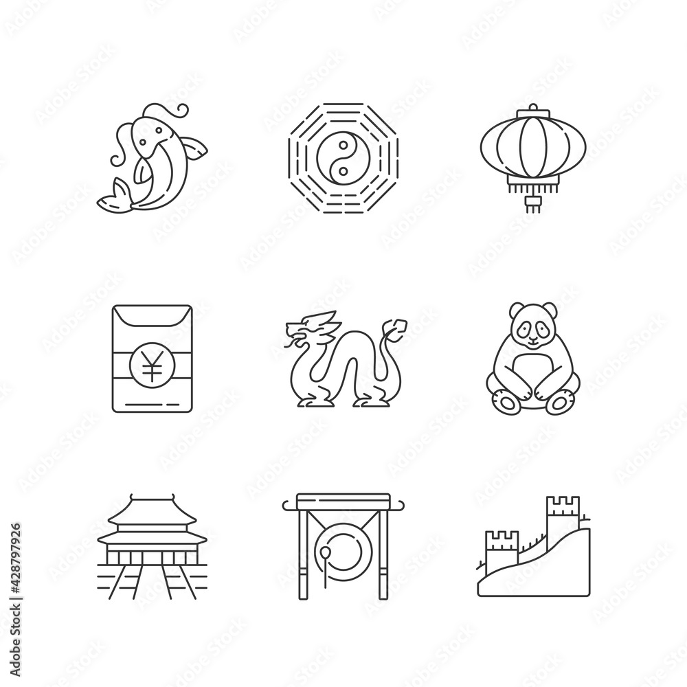 Oriental culture linear icons set. Koi fish. Bagua, hong bao. Loong ...