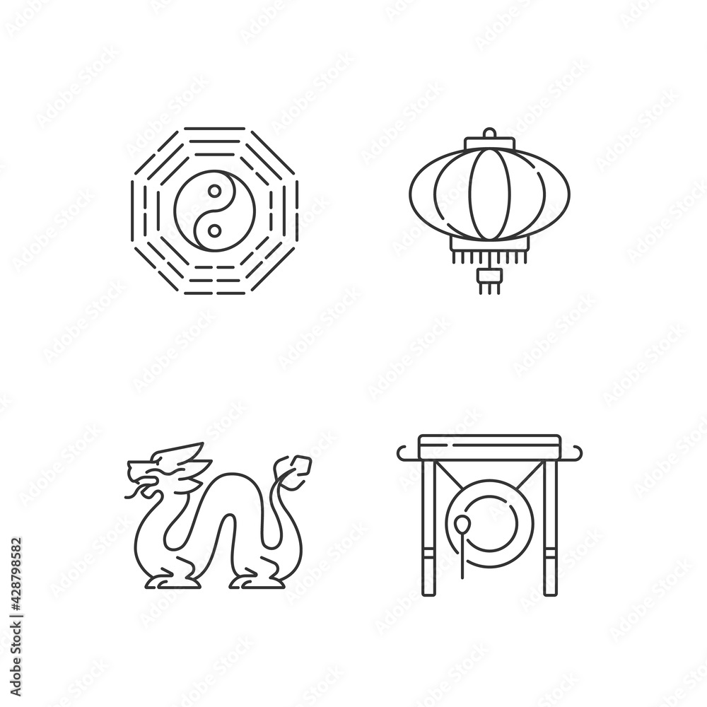Lunar New Year attributes linear icons set. Bagua, feng shui. Paper ...