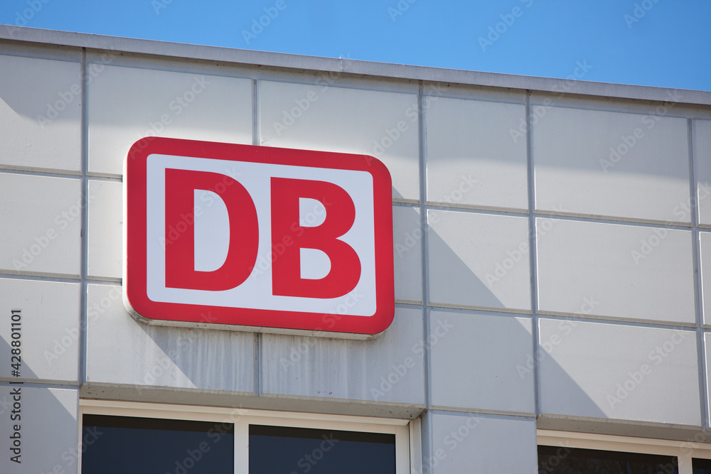 Logo of "Deutsche Bahn" the German public transport system on an office ...