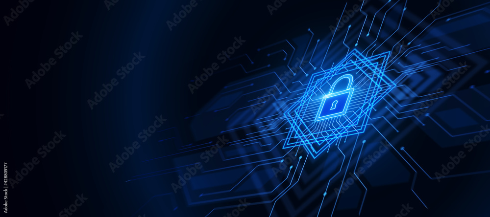 Abstract dark wallpaper with perspective view on glowing digital lock ...