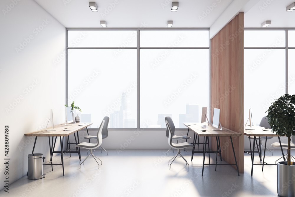 Front view on modern office room with eco style interior design, huge ...