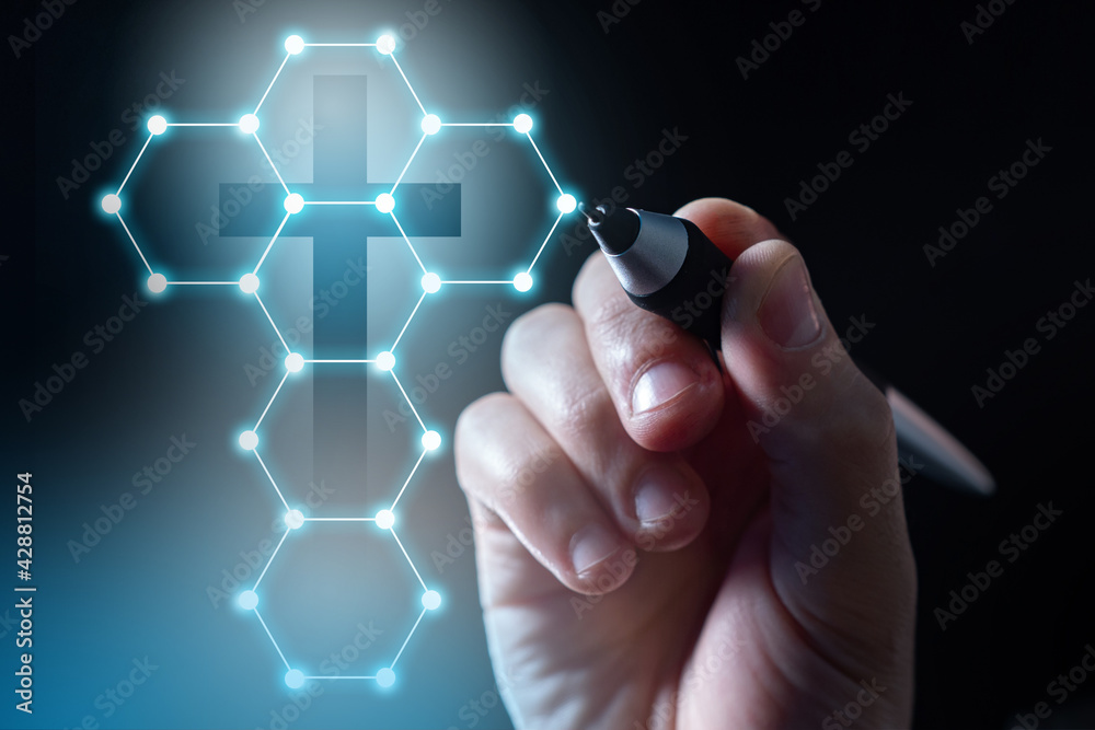 Electronic holy bible concept. Christian cross in modern design. Man ...