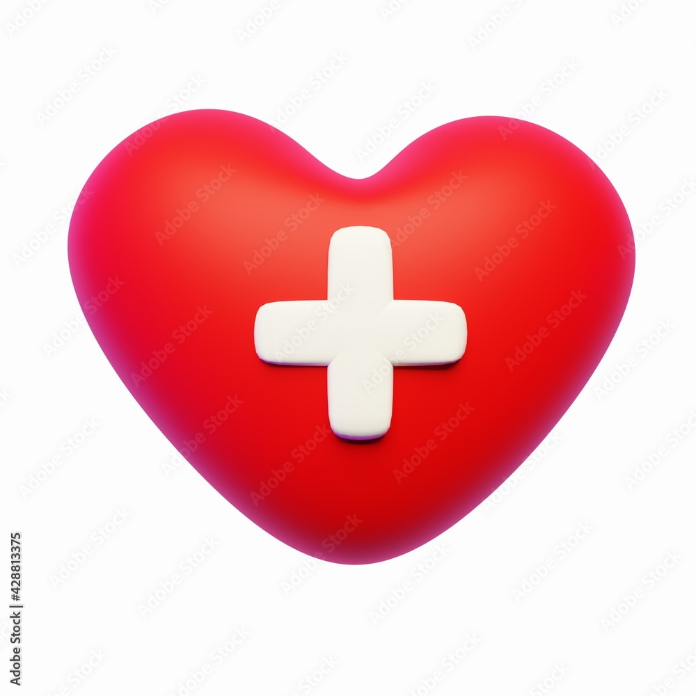 3d Illustration of cartoon heart with plus on the white background ...
