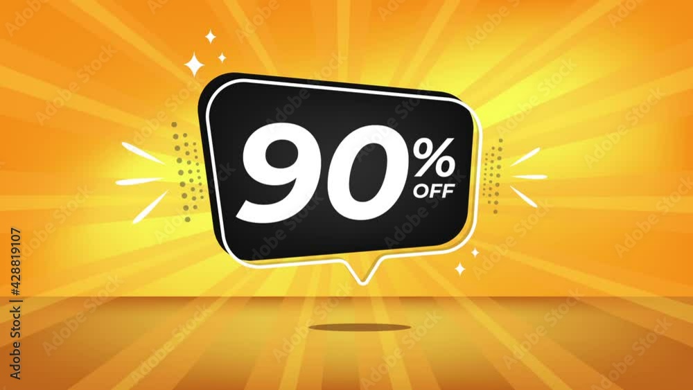 90% off. Yellow motion banner with ninety percent discount on a black ...